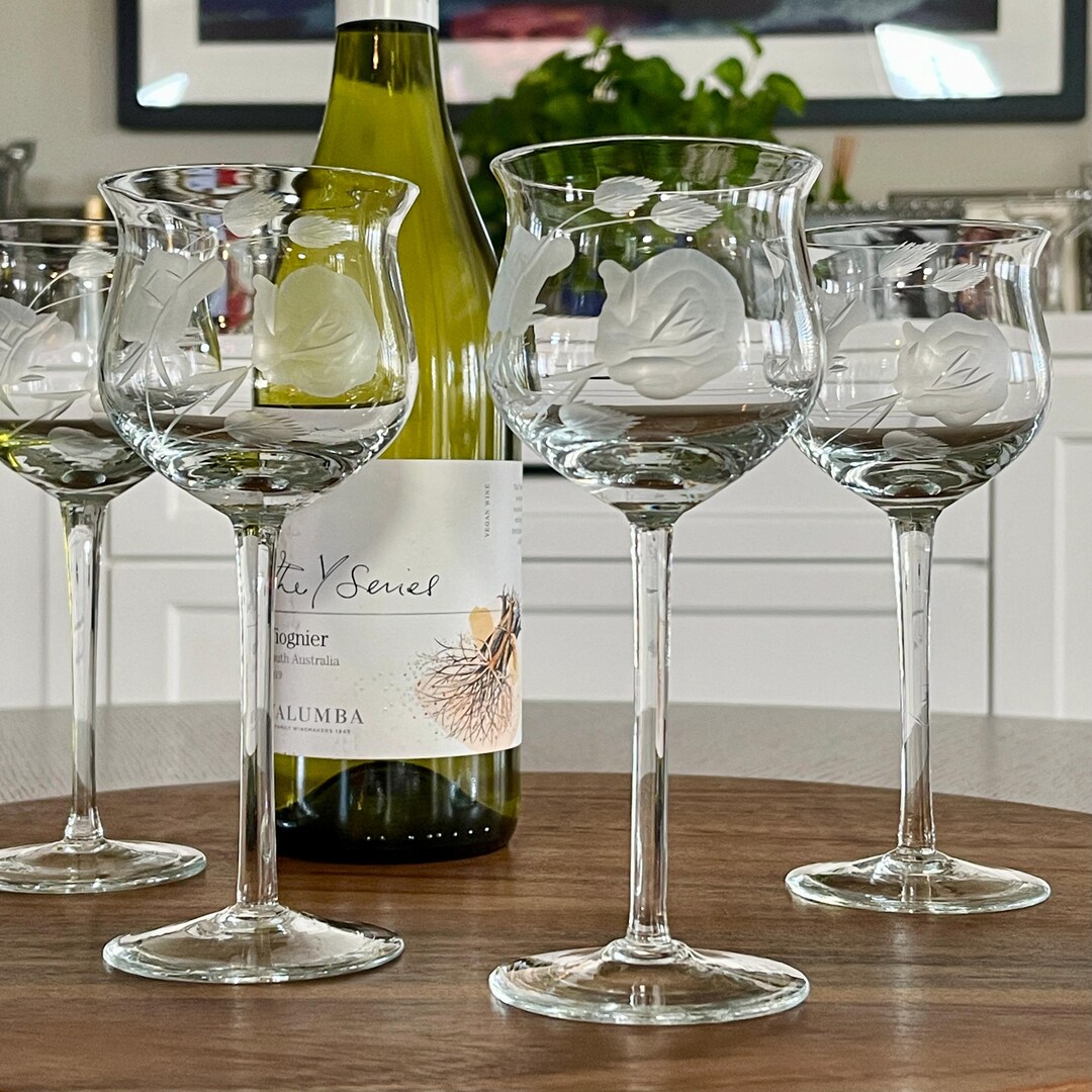 1940s Rose Etched Wine Glasses, Hand Blown Romanian Stemware, Vintage ...