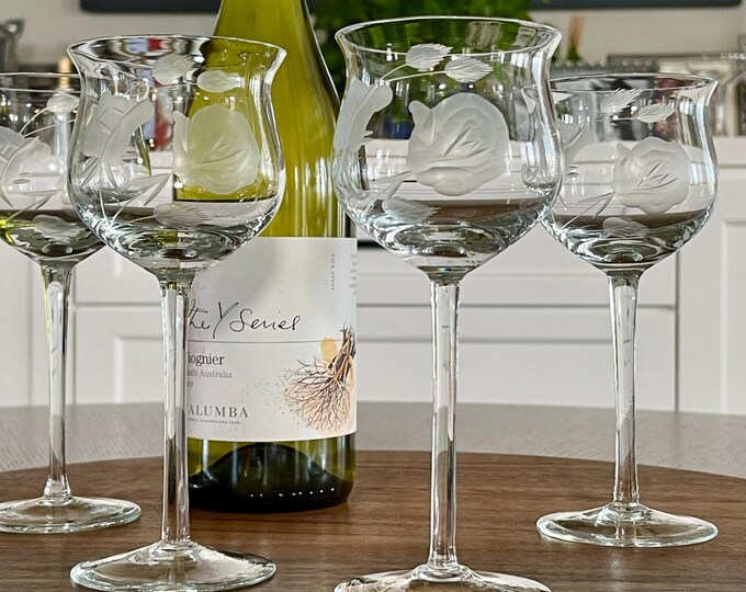1940s Rose Etched Wine Glasses, Hand Blown Romanian Stemware, Vintage ...
