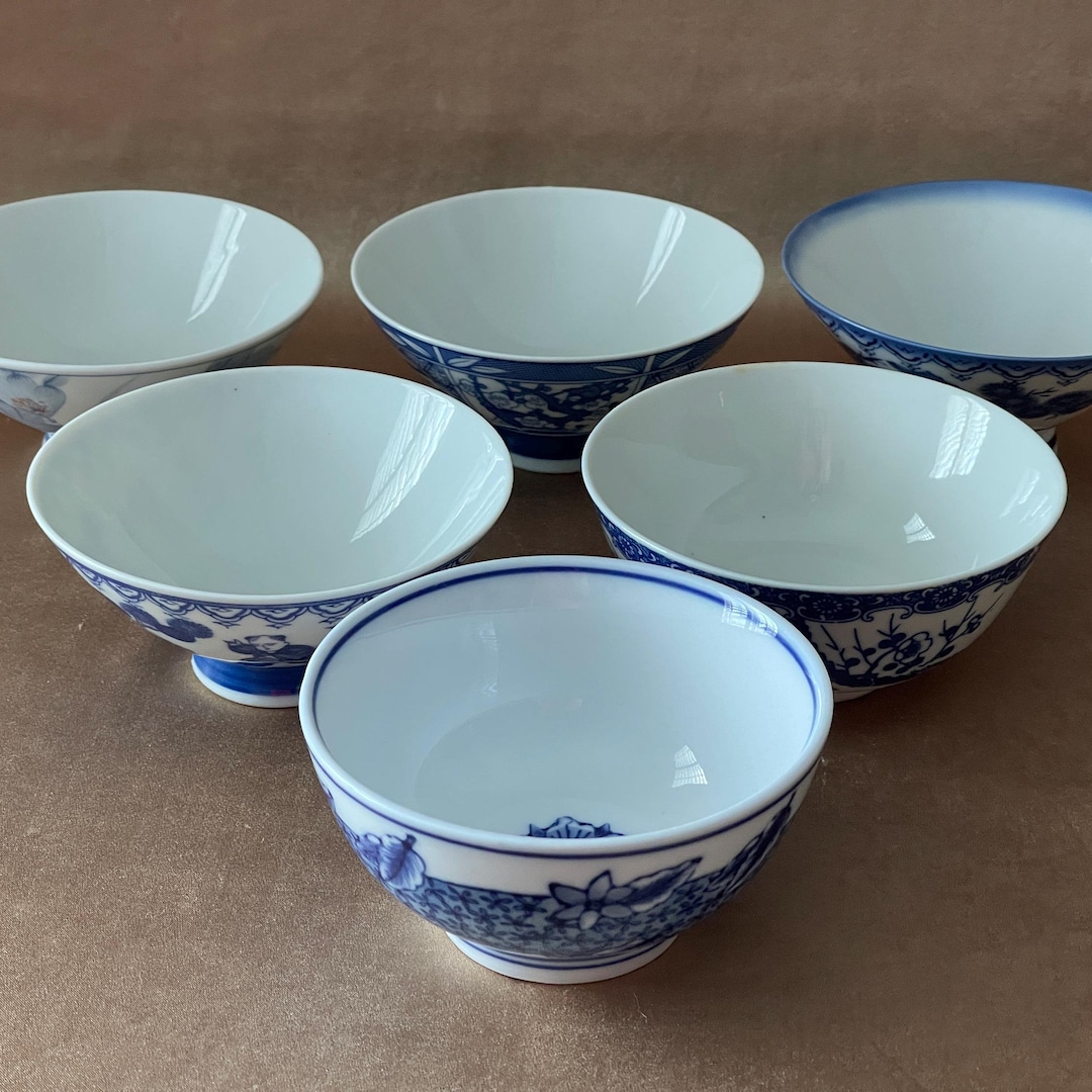 Six Assorted Blue and White Porcelain Rice Bowls, 6 Different ...