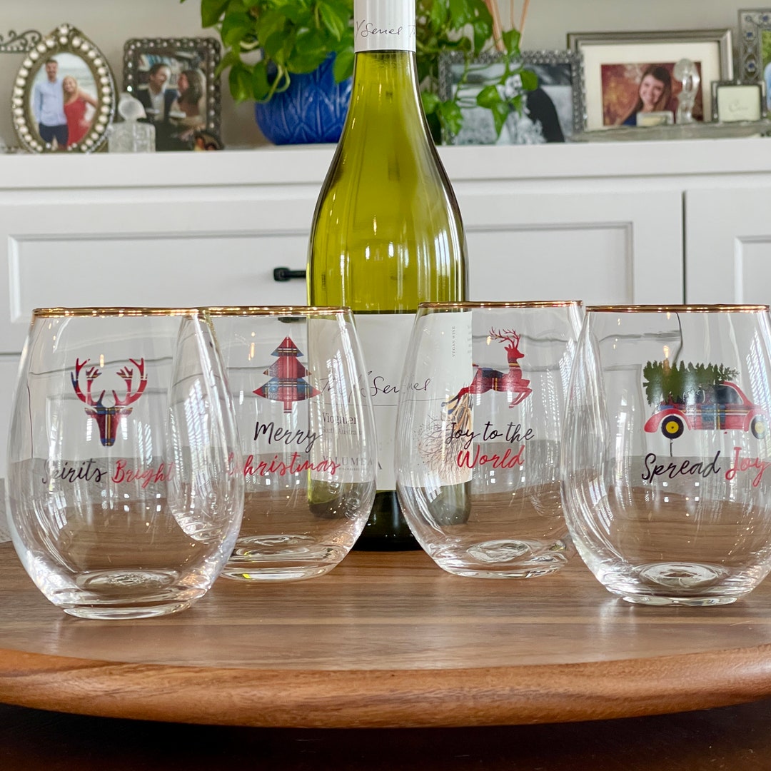 Four Large Holiday Stemless Wine Glasses, Christmas Plaid With Gold ...