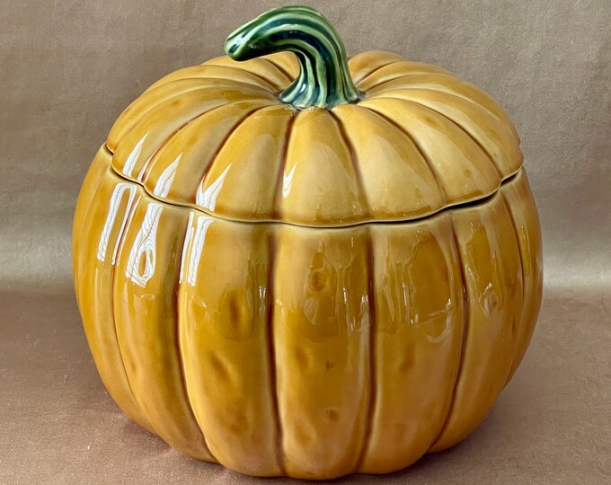 Large Vintage Ceramic Lidded Pumpkin, Orange High Gloss Pottery Pumpkin ...