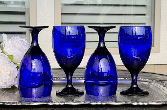 Large Cobalt Blue Water Goblets Set of 4 Deep Blue Footed - Etsy