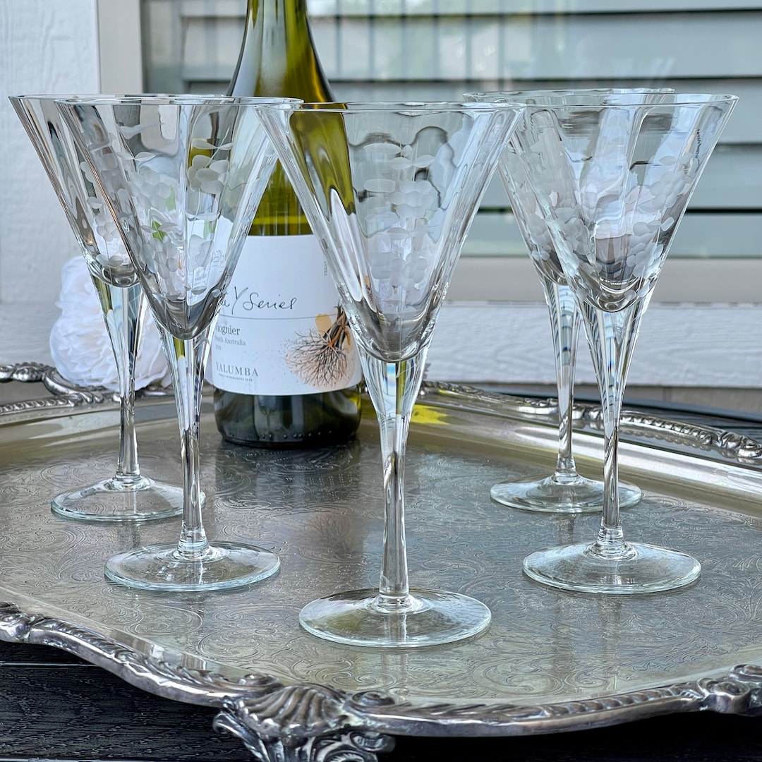 Five Mid Century Etched Optic Panel Wine/martini Glasses, Trumpet Style ...