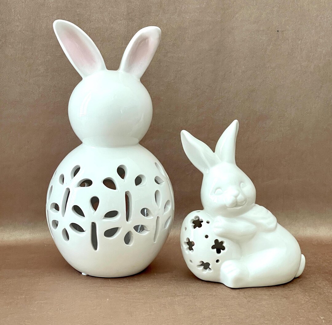 Pair of Reticulated Ceramic Rabbits, Light up Dept 56 Bunnies, Vintage ...