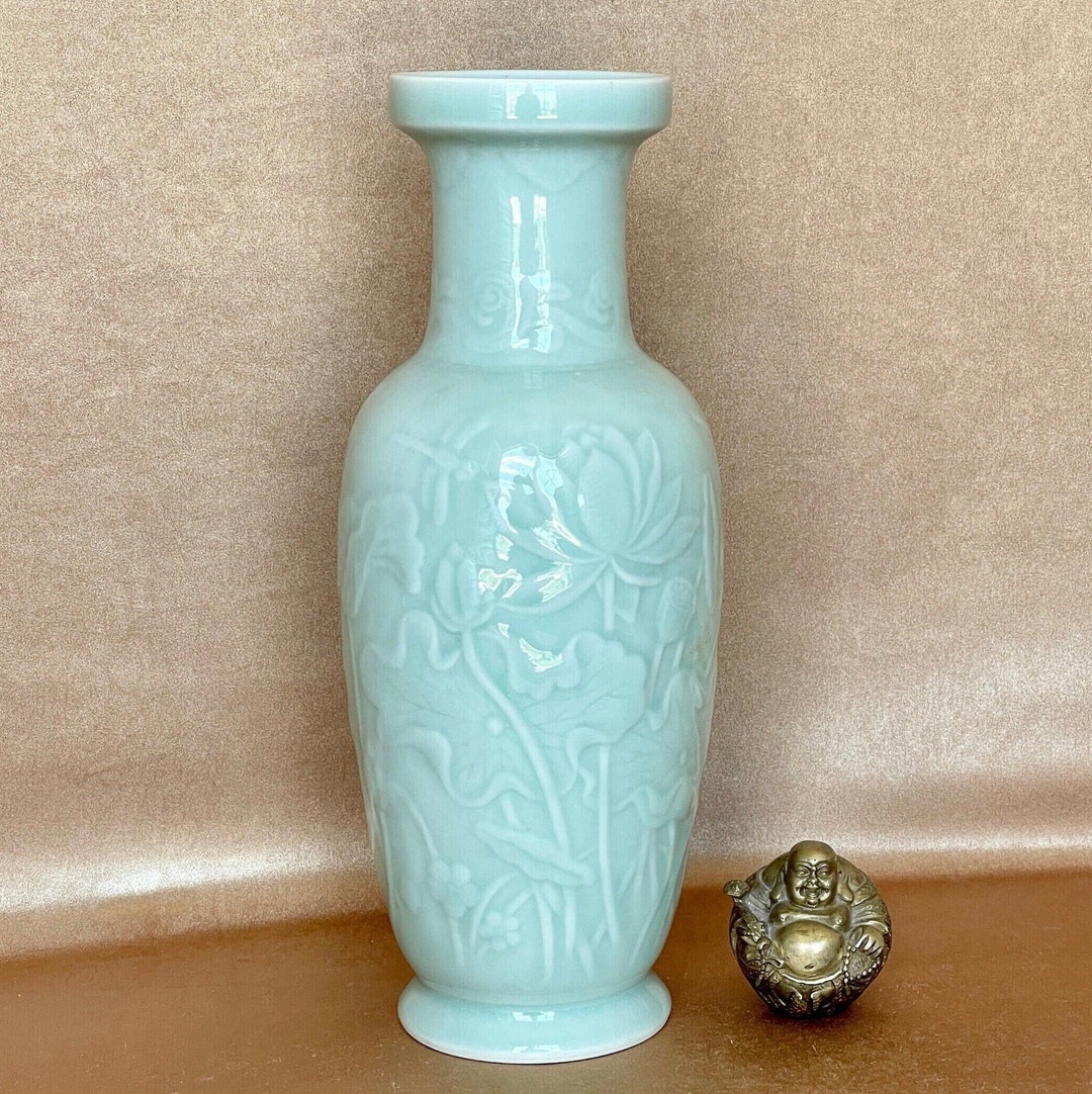 Asian Celadon Green Vase With Raised Lotus Blossom Design, Tall Urn Shaped Chinoiserie Vase ...