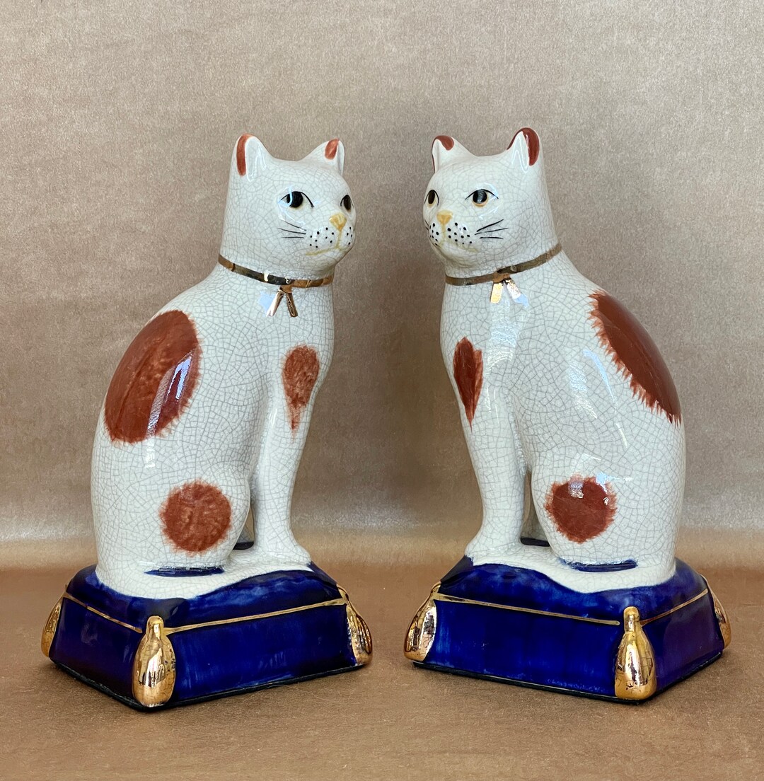 Fitz and Floyd Staffordshire Style Cat Bookends, Hand Painted Porcelain ...
