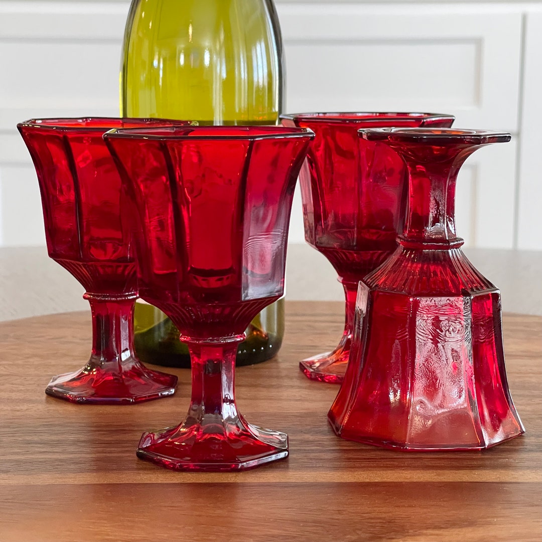 Four Vintage Ruby Wine Glasses Octagonal Ruby Independence Glass Short Stem Ruby Red Panel