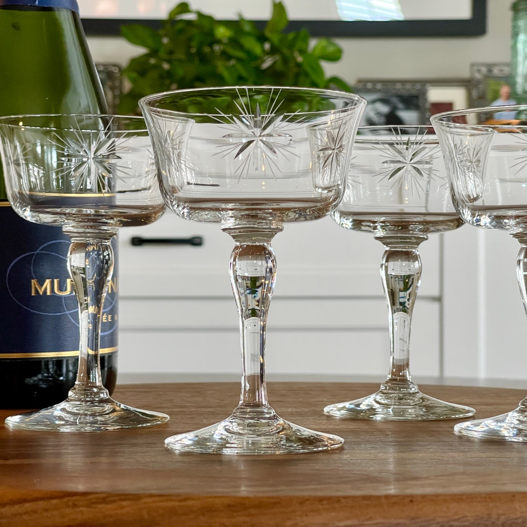 1950s Starburst Etched Champagne/cocktail Coupe Glasses, Four Mid Century Etched Stemware ...