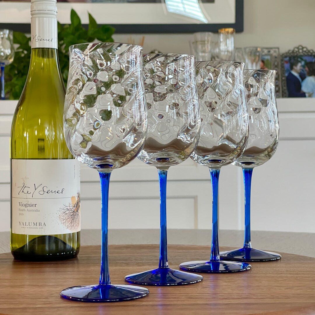 Four Optic Swirl Crystal Wine Glass With Cobalt Blue Stems, Tall Blue ...