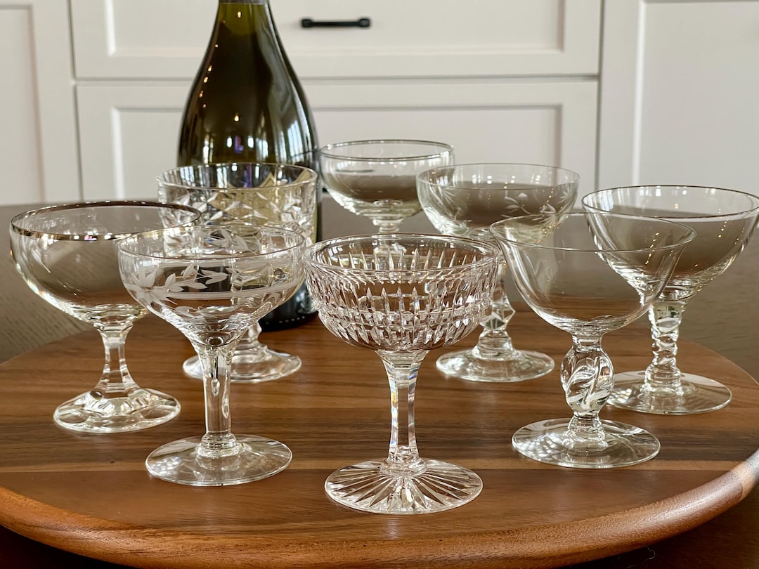 Vintage Champagne Coupe Glasses - Set of 8 Needle Etched Crystal ...