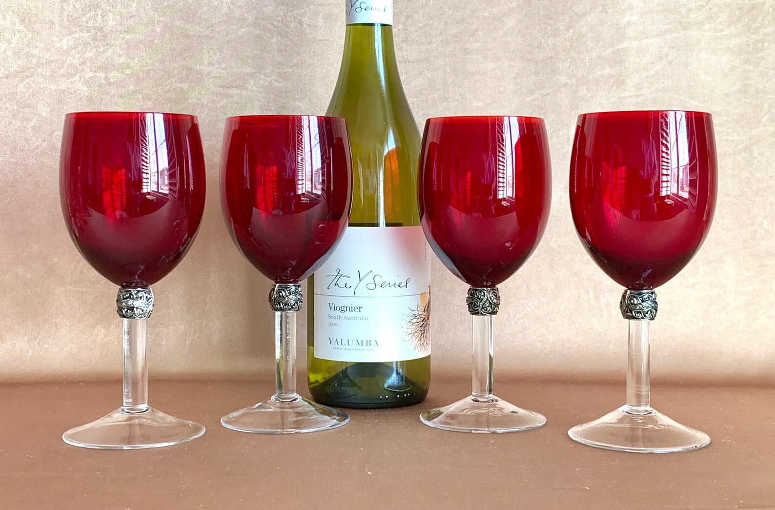 Ruby Red Wine Glasses Red Goblets with Clear Stems and Pewter | Etsy