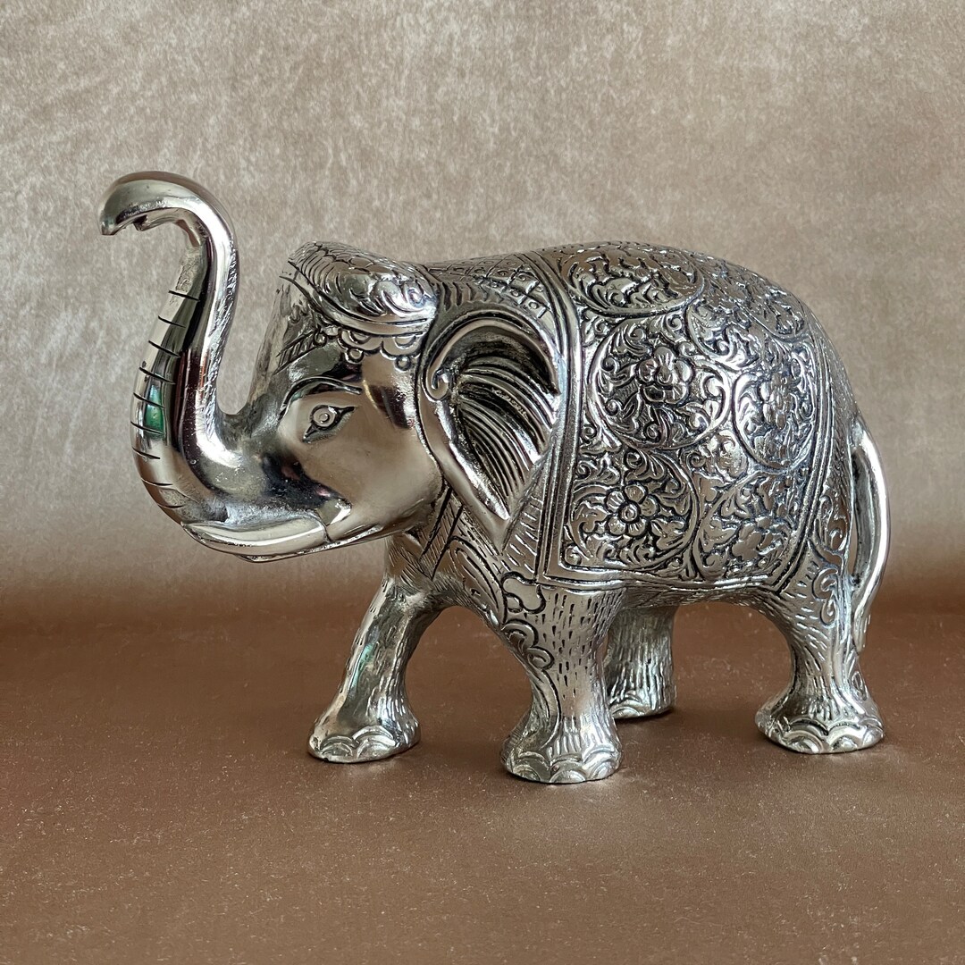 Vintage Silver Plated Elephant Statue, Embossed Detail Sliver Metal ...