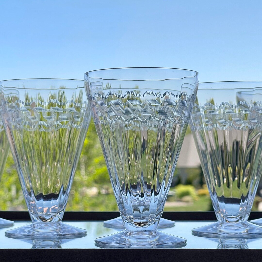 Six Antique Needle Etched Greek Key Footed Tumbler, Fostoria 1900's ...