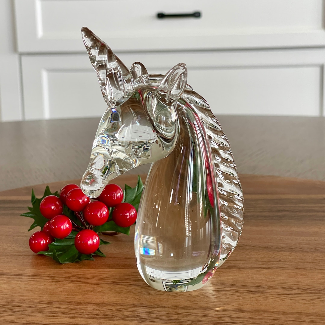 Vintage Clear Art Glass Unicorn Bust, Heavy Hand Blown Glass Good Luck ...