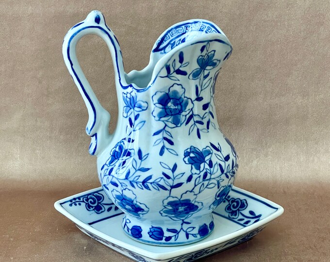 Blue and White Floral Patterned Pitcher and Bowl Set, Bedroom Bathroom ...