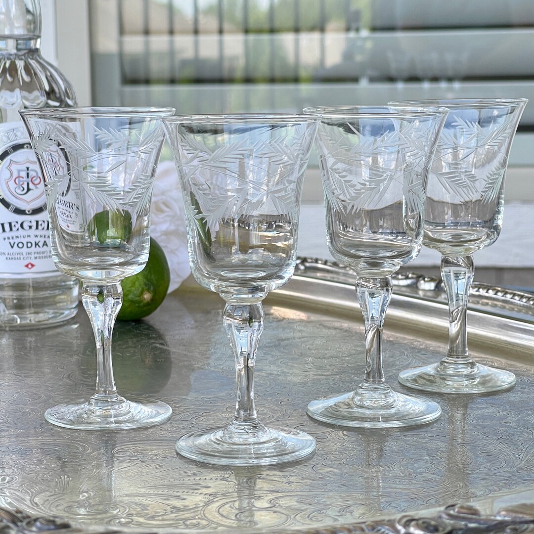 Four 1930s Wheat Etched Nick and Nora Cocktail Glasses, Hand Blown ...