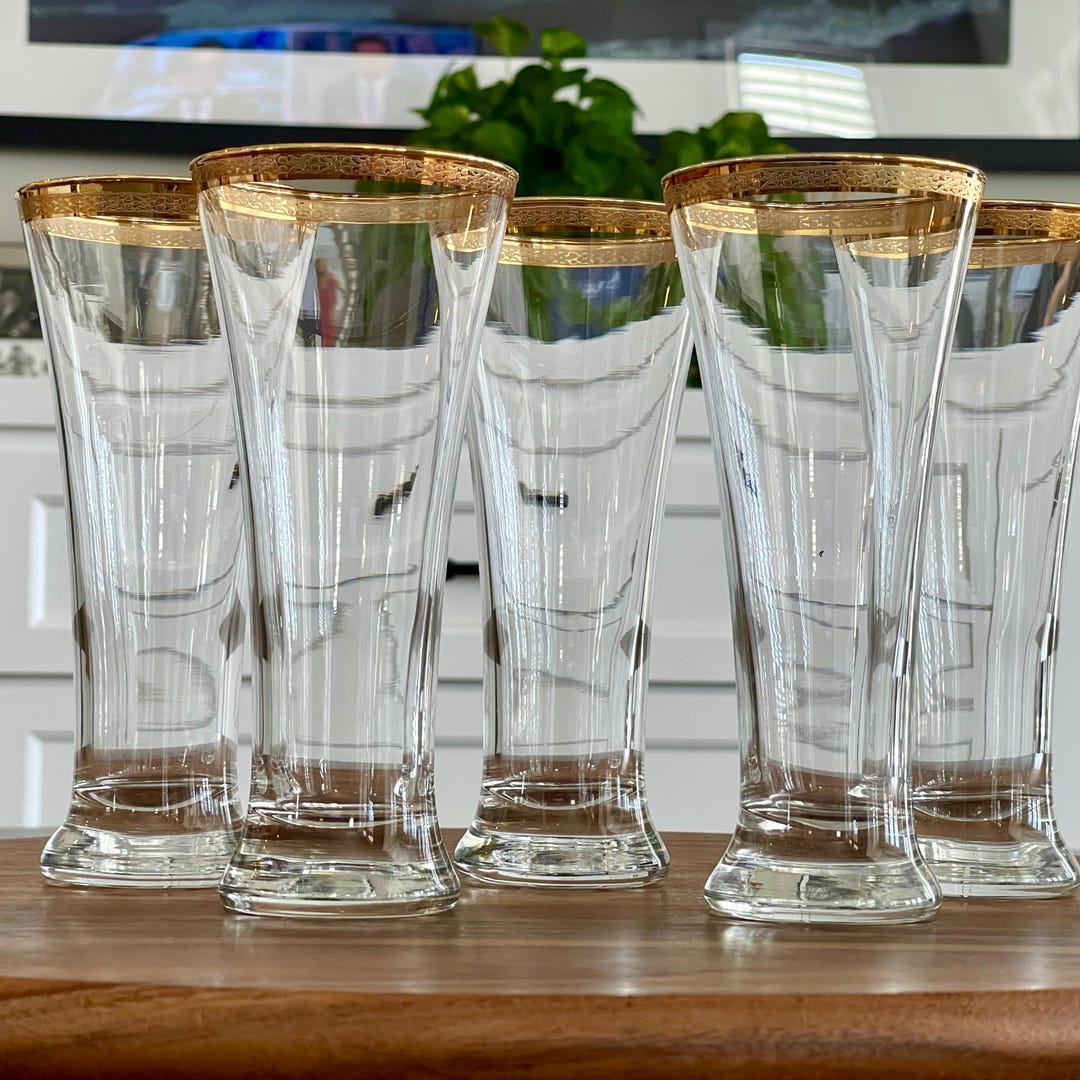 Five Gold Banded Pilsner Glasses, Vintage Pasabahce Beer Barware ...