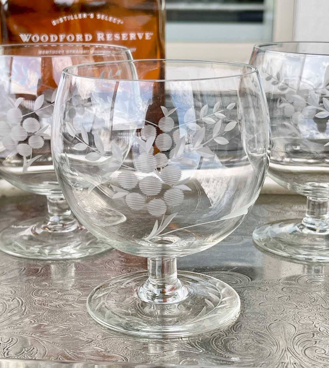 Etched Roly Poly Pedestal Cocktail Glasses Floral Etched - Etsy