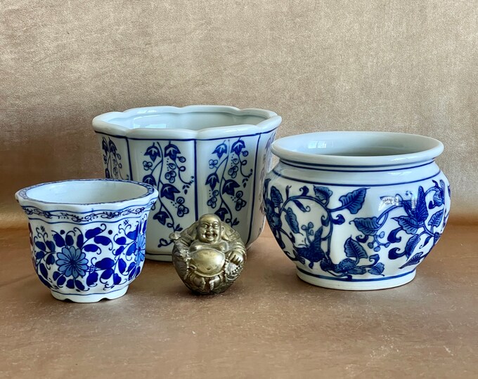 Set of Three Blue and White Asian Style Planter Pots, Grouping of 3 ...