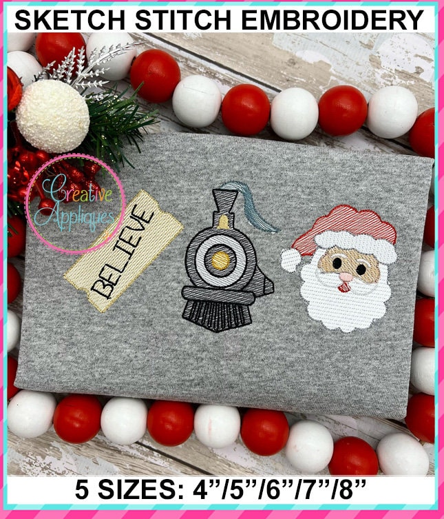 Sketch Stitch Ticket Train Santa Trio Digital Machine Embroidery Design ...