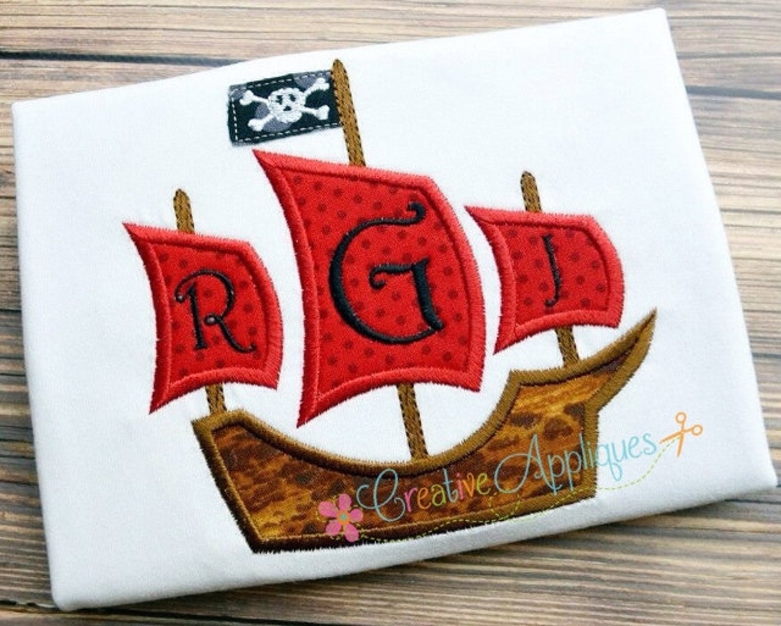 Pirate Ship Monogram Digital Machine Embroidery Applique | Etsy