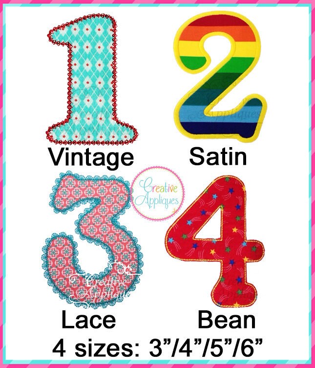 Number Set 0 Thru 9 4 Different Stitch Types Vintage, Bean, Lace, Satin ...