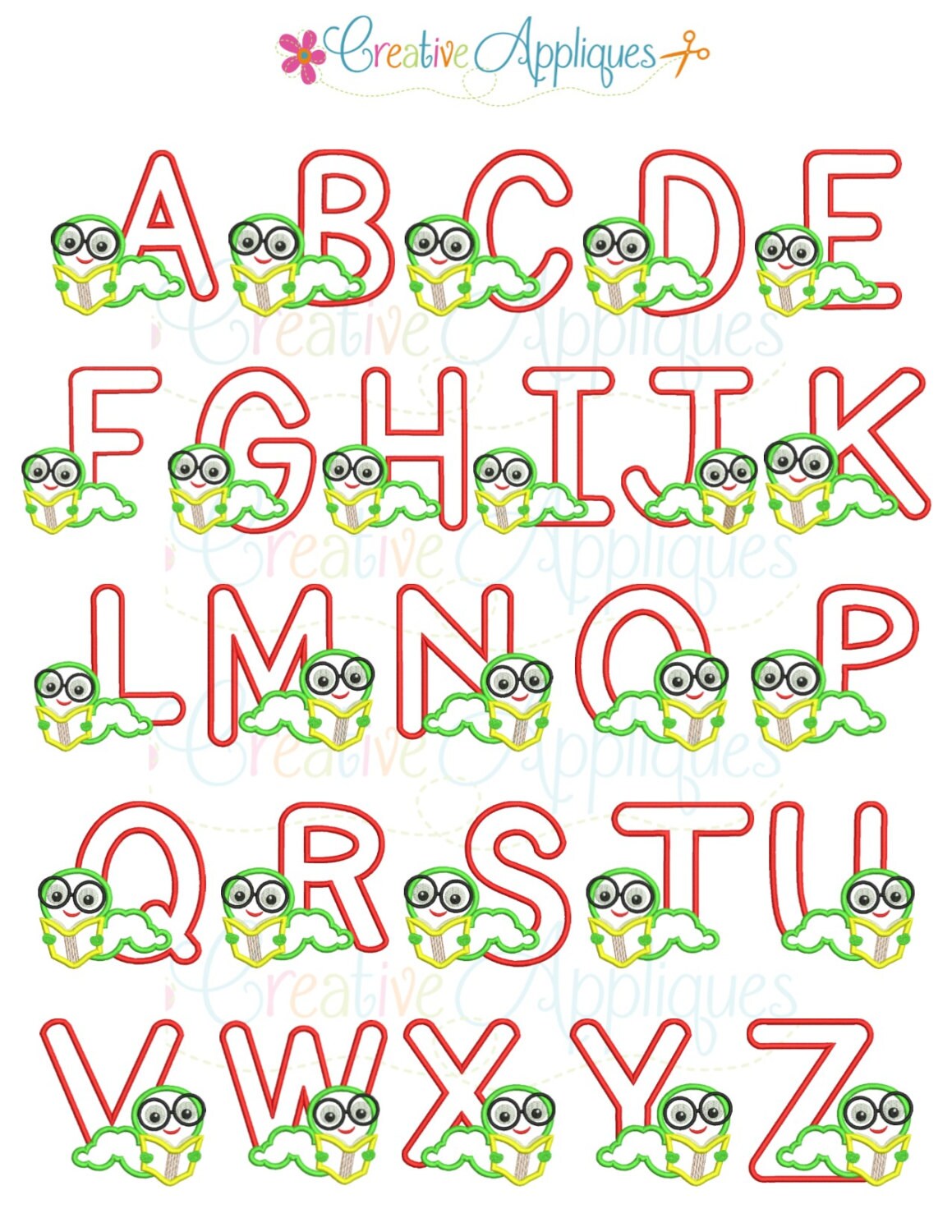 Bookworm Alphabet Letters A Thru Z Digital Machine Embroidery Applique ...