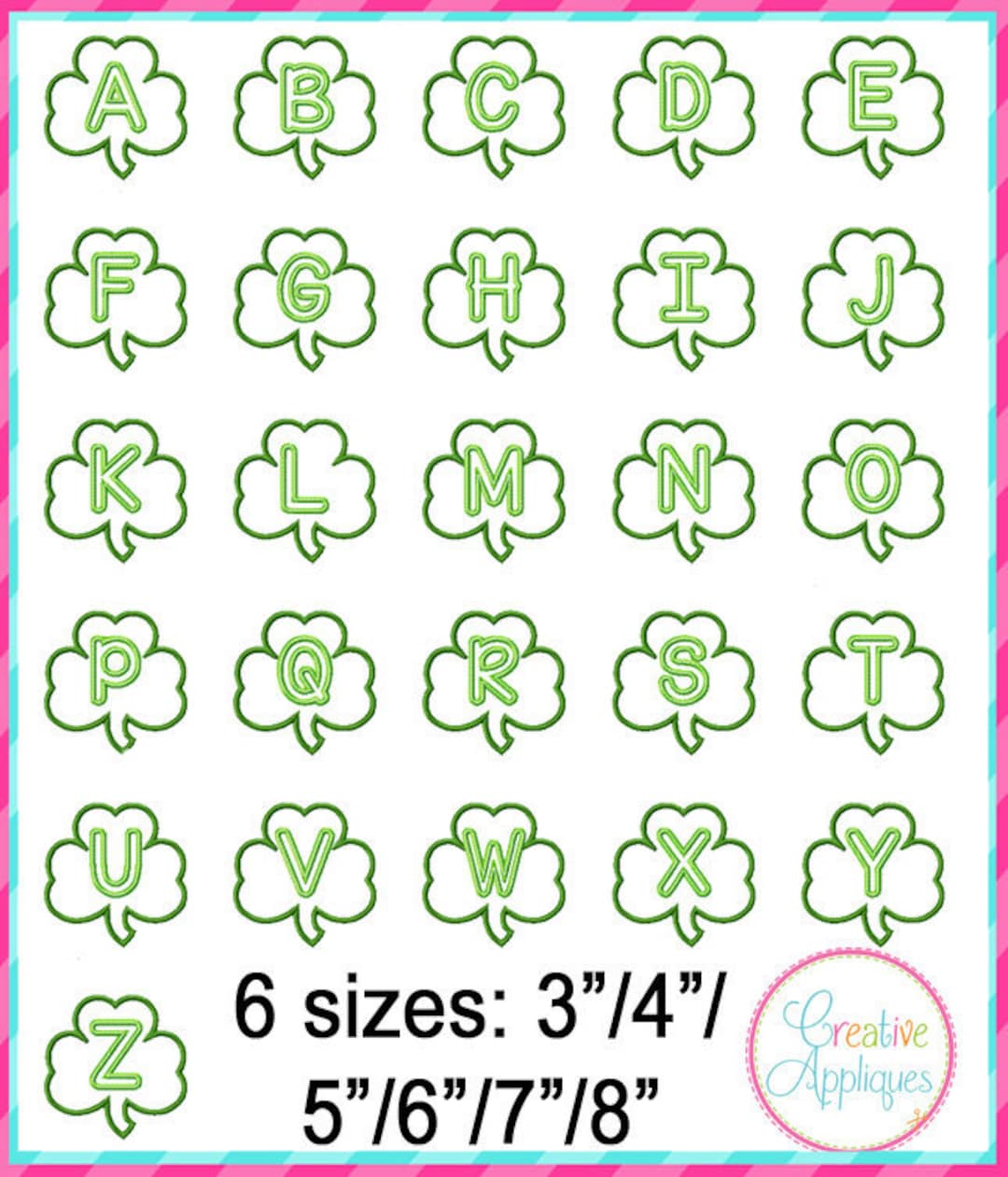 6 Sizes! Shamrock Clover Alphabet Letter Set A-Z Applique Machine ...