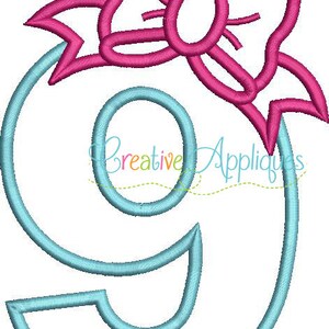 Bow Number 9 Nine Ninth Birthday Applique Digital Machine Embroidery ...