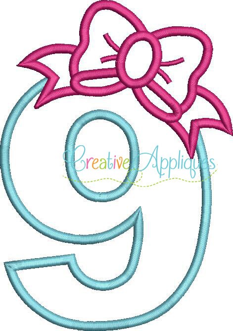 Bow Number 9 Nine Ninth Birthday Applique Digital Machine - Etsy
