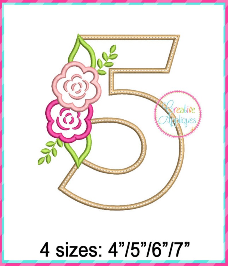 4 Sizes! 5 Flower Number Set, Applique Machine Embroidery Design ...