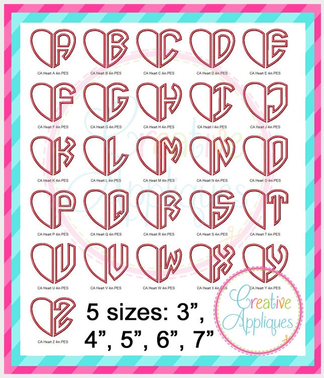 Heart Applique Alphabet Letter Set A-Z Machine Embroidery | Etsy