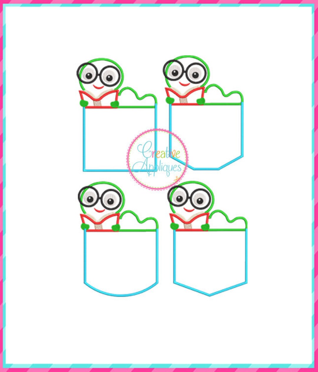 Bookworm Pocket Applique Machine Embroidery Design 9 Sizes, in the Hoop ...