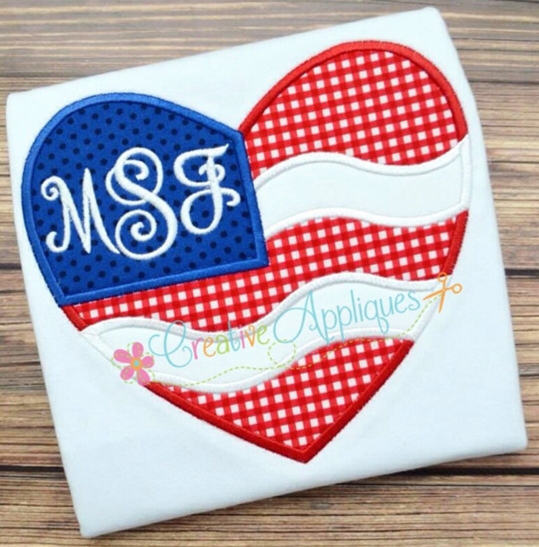 Monogram Patriotic Heart Machine Embroidery Applique Design - Etsy