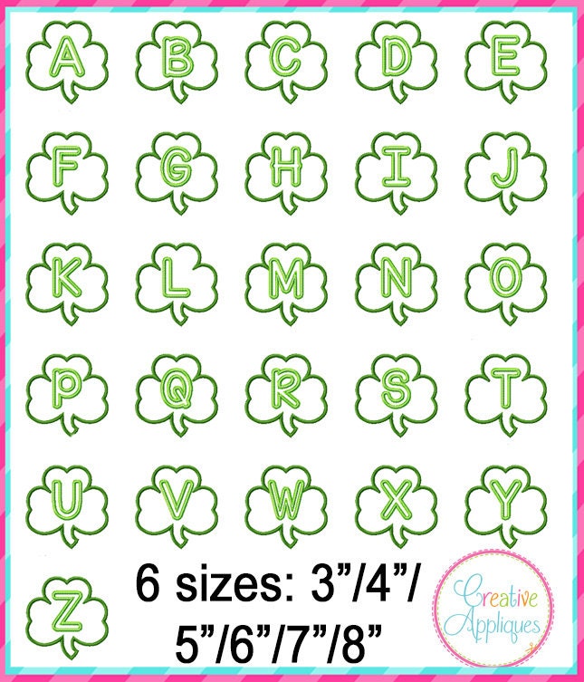 6 Sizes! Shamrock Clover Alphabet Letter Set A-Z Applique Machine ...