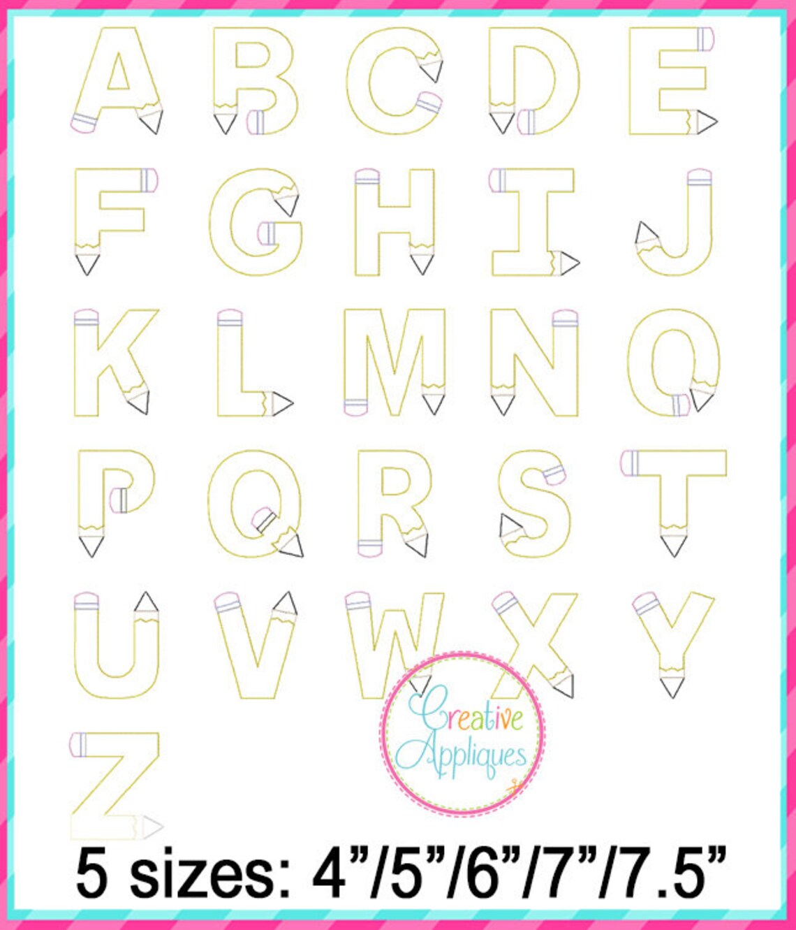 Pencil Alphabet Embroidery Applique Design 5 Sizes Pencil - Etsy