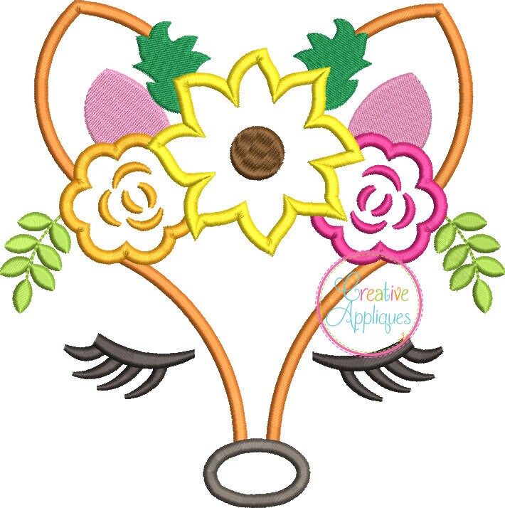 Floral Fox Face Flower Crown Digital Machine Embroidery Applique Design ...
