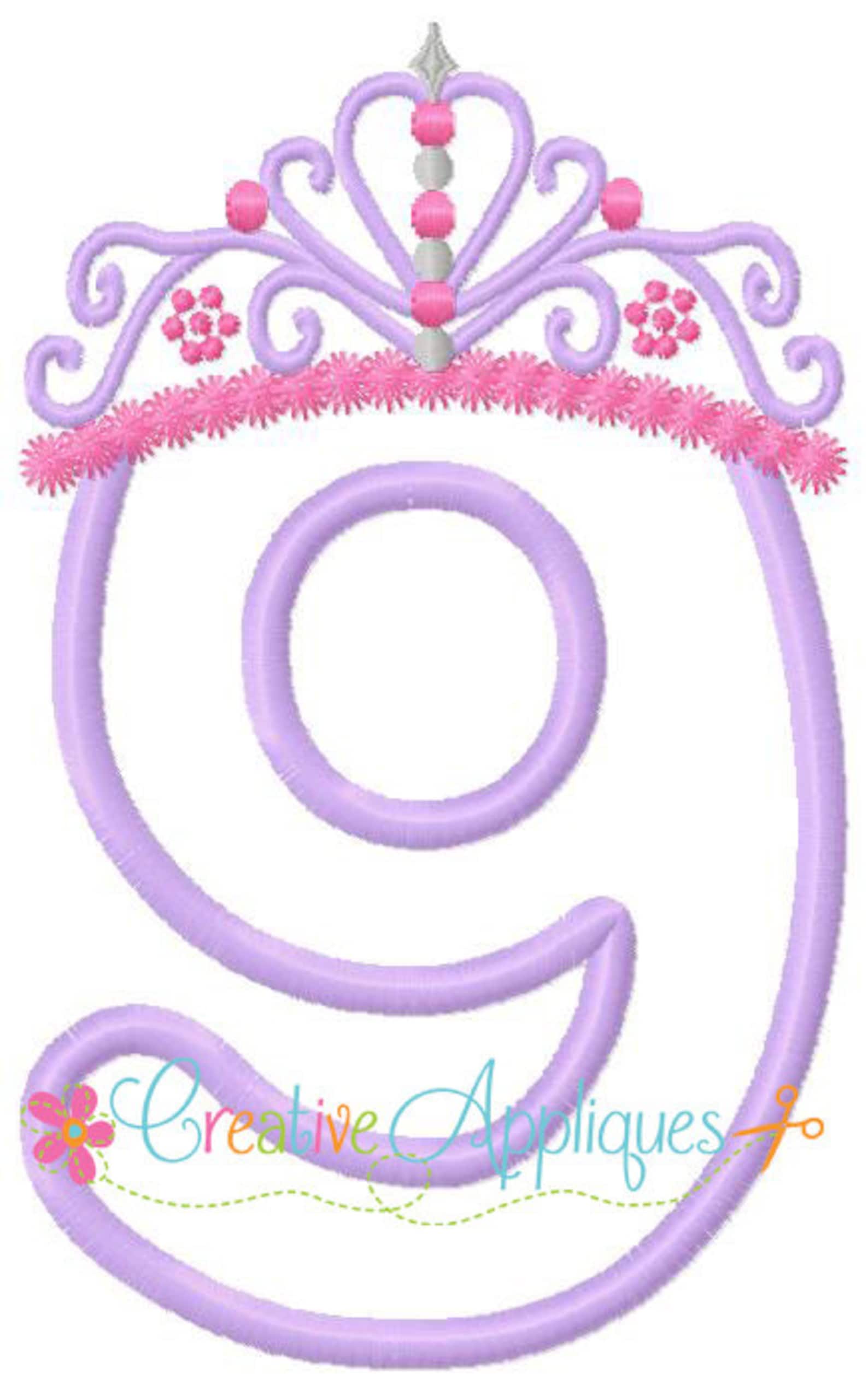 Princess Crown Birthday Number 9 Machine Embroidery Applique Design 4 ...