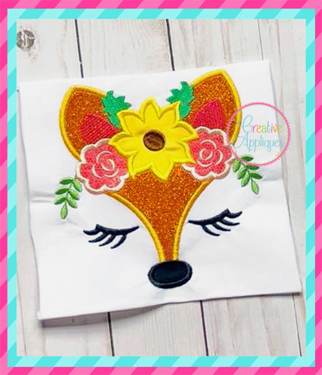 Floral Fox Face Flower Crown Digital Machine Embroidery Applique Design ...