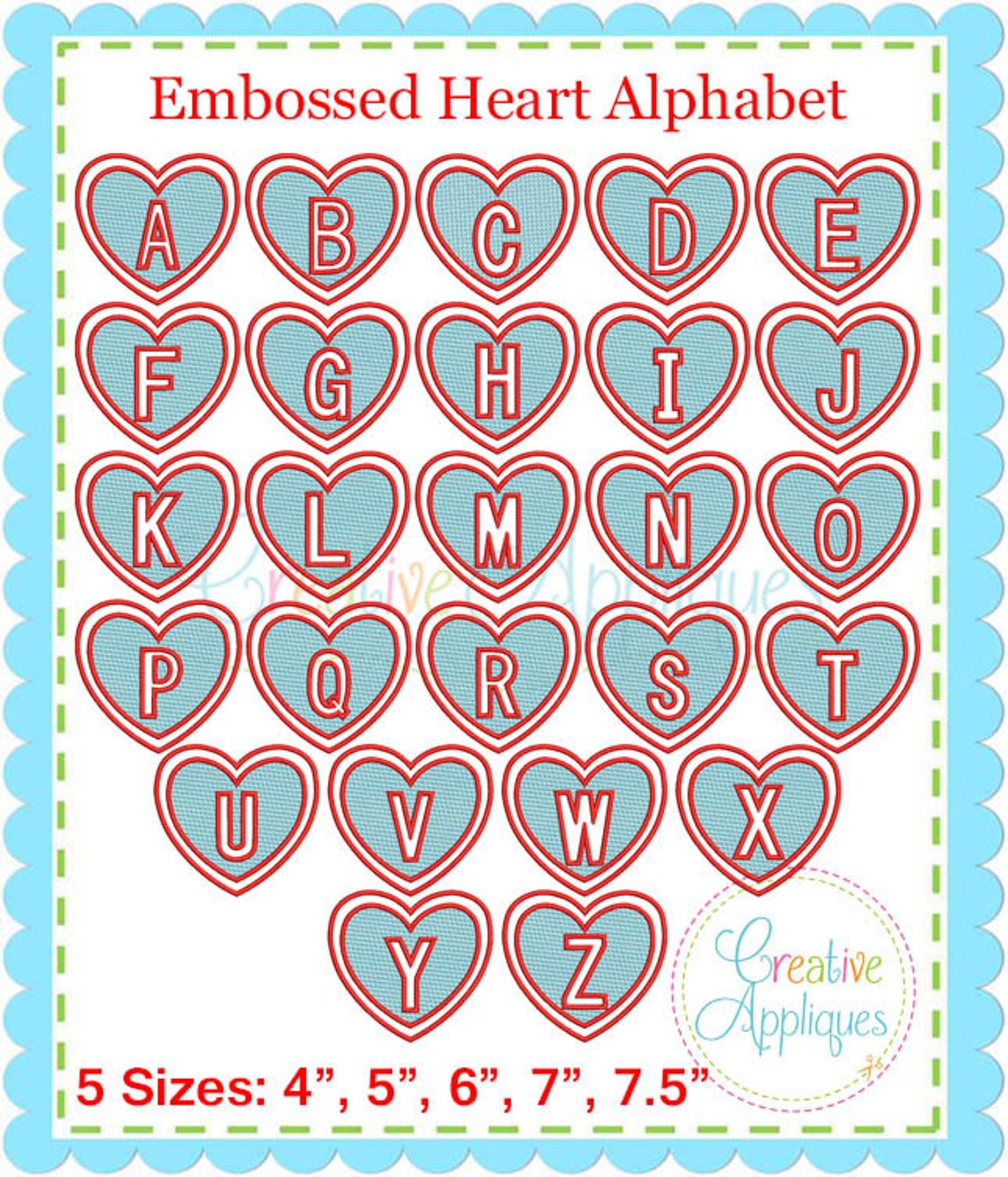 Embossed Heart Alphabet Digital Machine Embroidery Design 5 Sizes ...