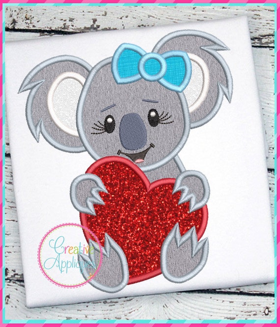 Valentine Koala Heart Digital Machine Embroidery Applique | Etsy