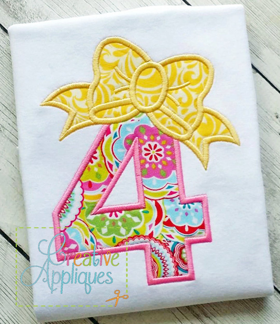 Bow Number 4 Four Fourth Birthday Applique Digital Machine Embroidery ...