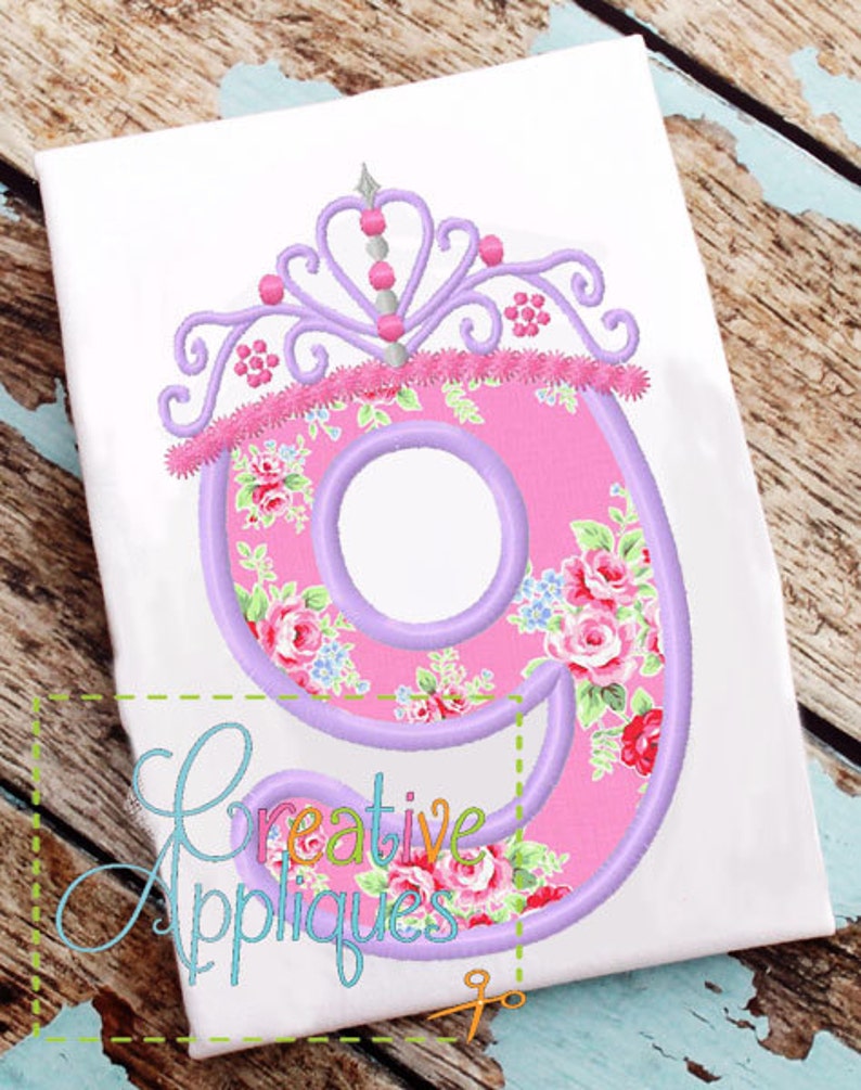 Princess Crown Birthday Number 9 Machine Embroidery Applique | Etsy