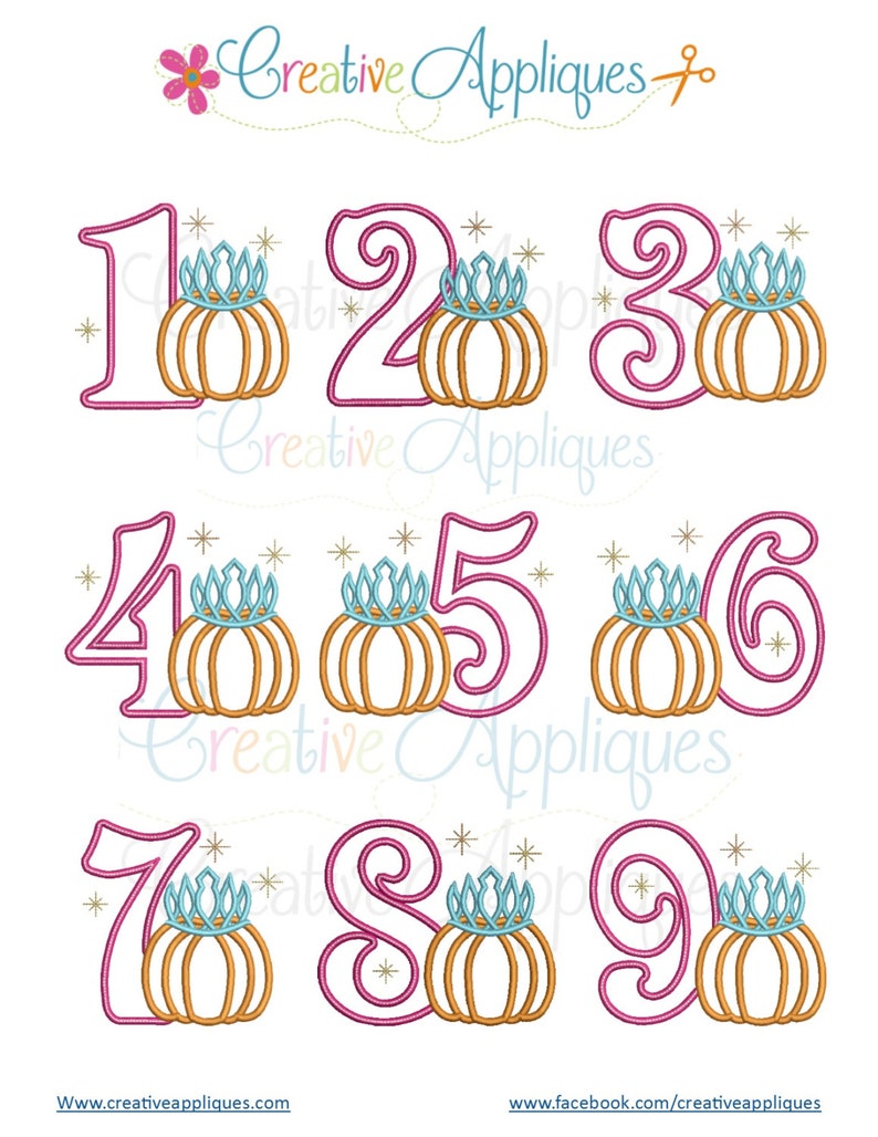 Pumpkin Princess Crown Number Set 1 Thru 9 Digital Machine Embroidery ...