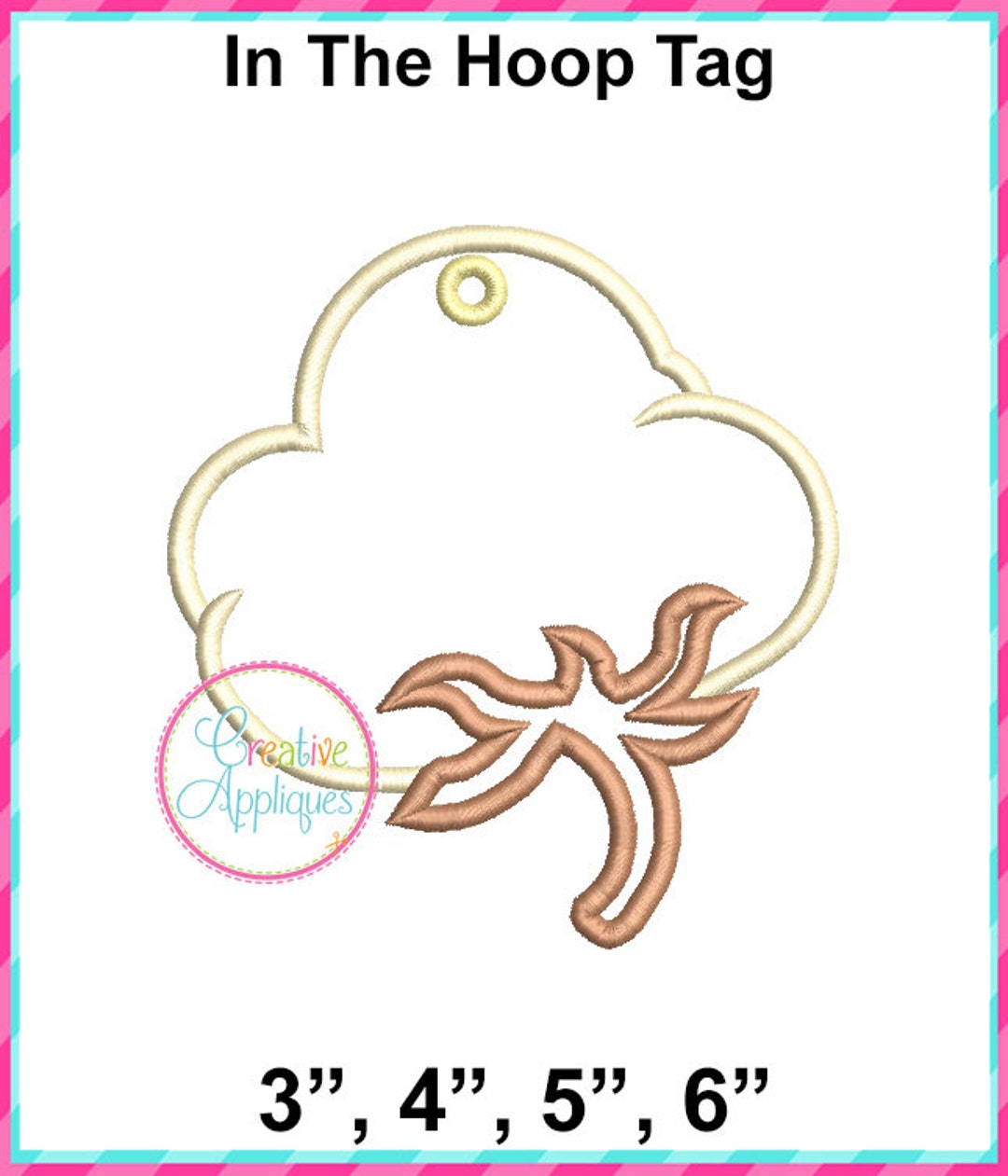 Cotton Boll Tag in the Hoop Applique Embroidery Design 4 Size, Bag Tag ...