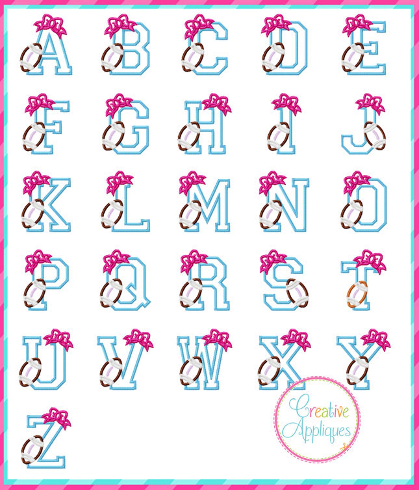Football Bow Applique Alphabet Letter Machine Embroidery Design Sizes 4 ...