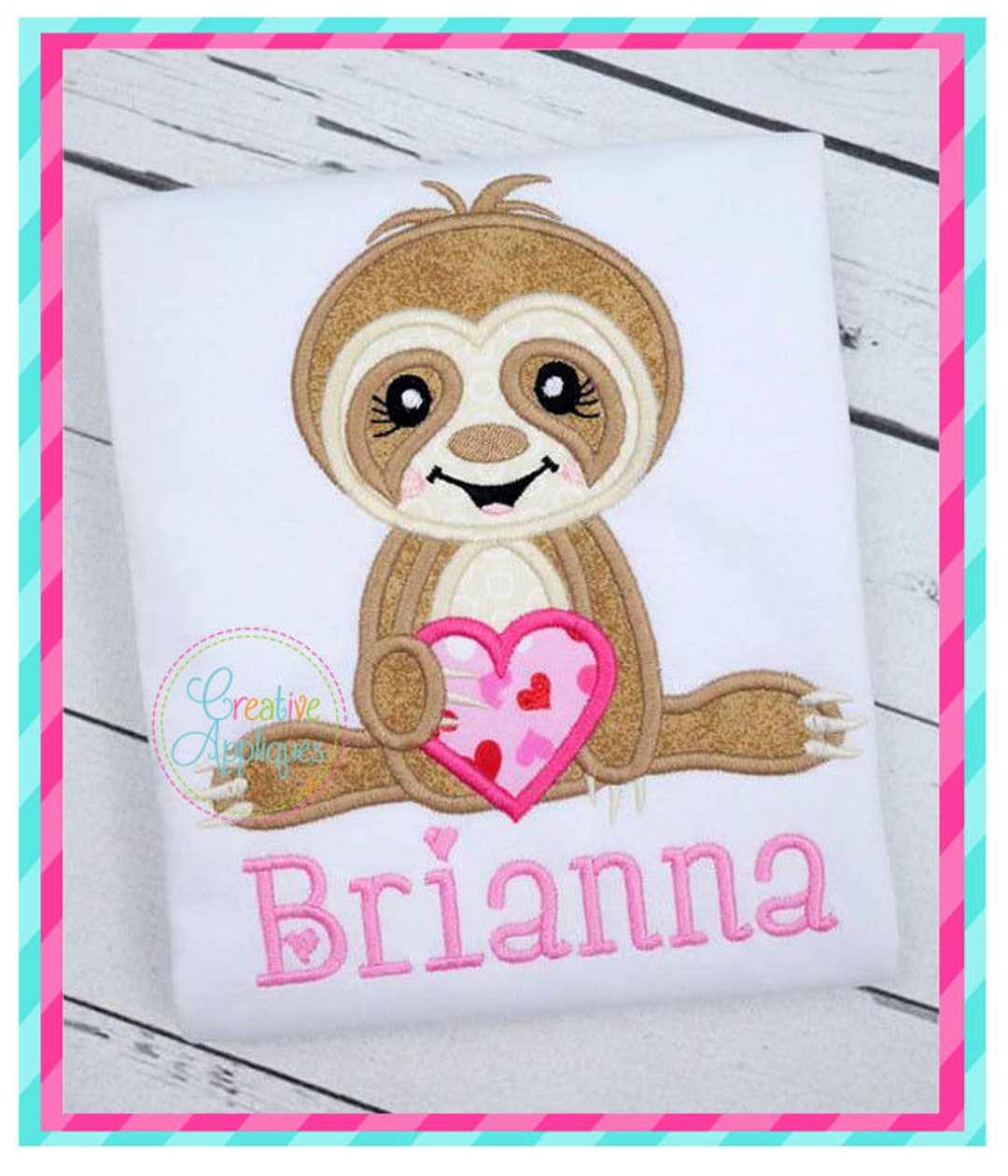 Girl Valentine Sloth Digital Machine Embroidery Applique Design 4 Sizes ...