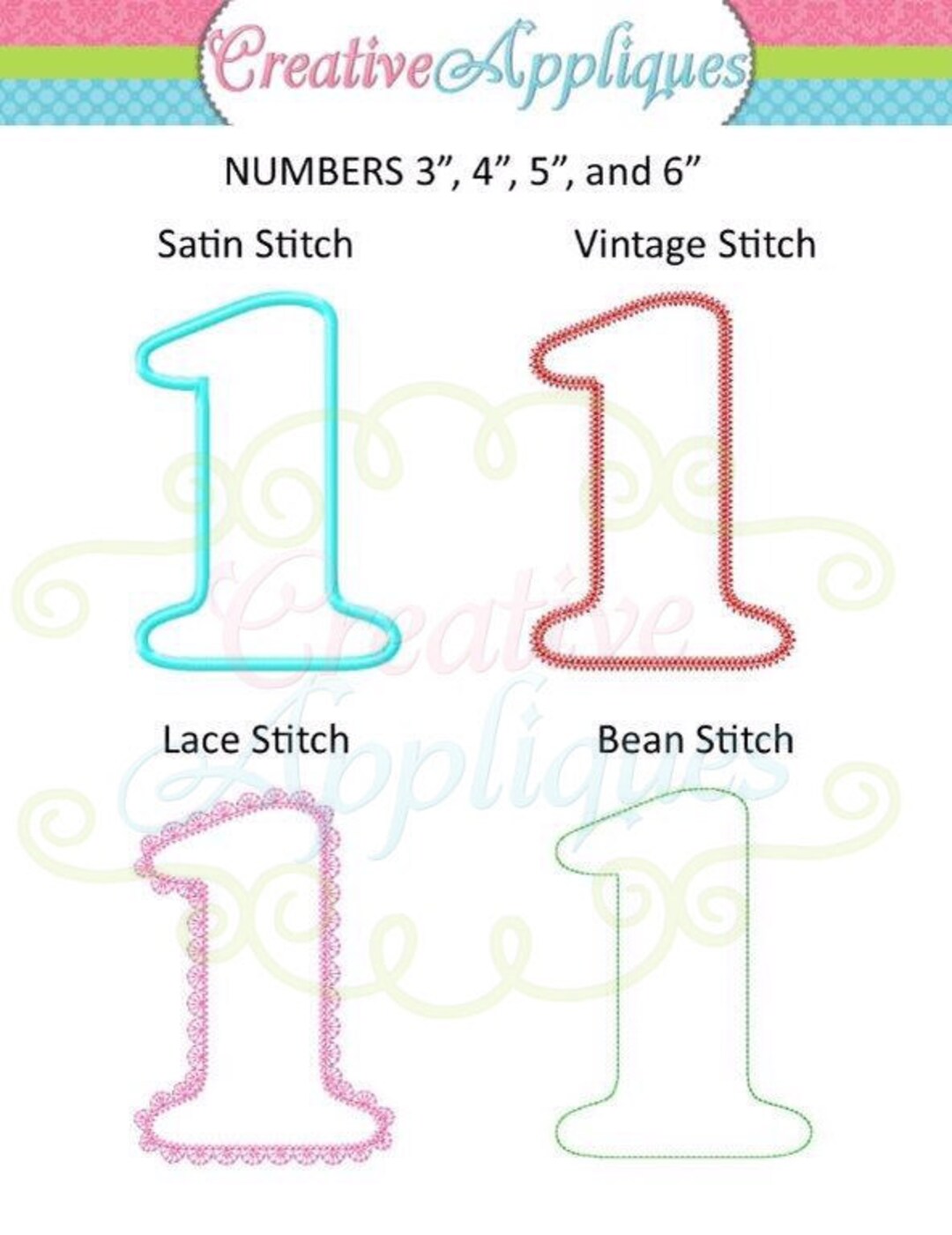 4 STITCH TYPES in 4 Sizes Vintage, Bean, Lace, Satin Applique Number ...
