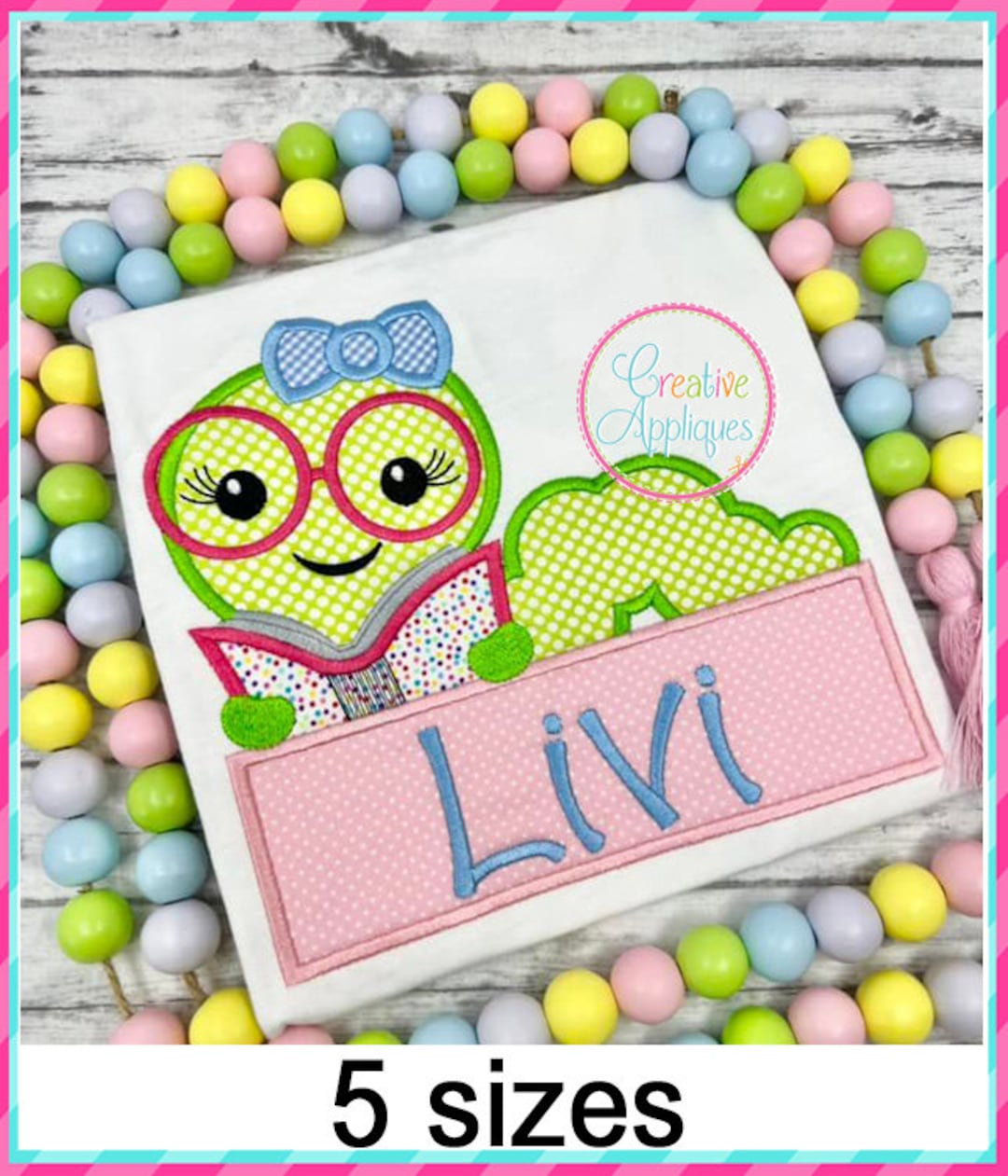 Reading Bookworm Frame Machine Embroidery Applique Design 5 Sizes ...