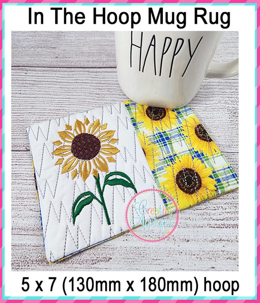 Sunflower Mug Rug in the Hoop Machine Embroidery Design, 5x7 Hoop, Mug ...